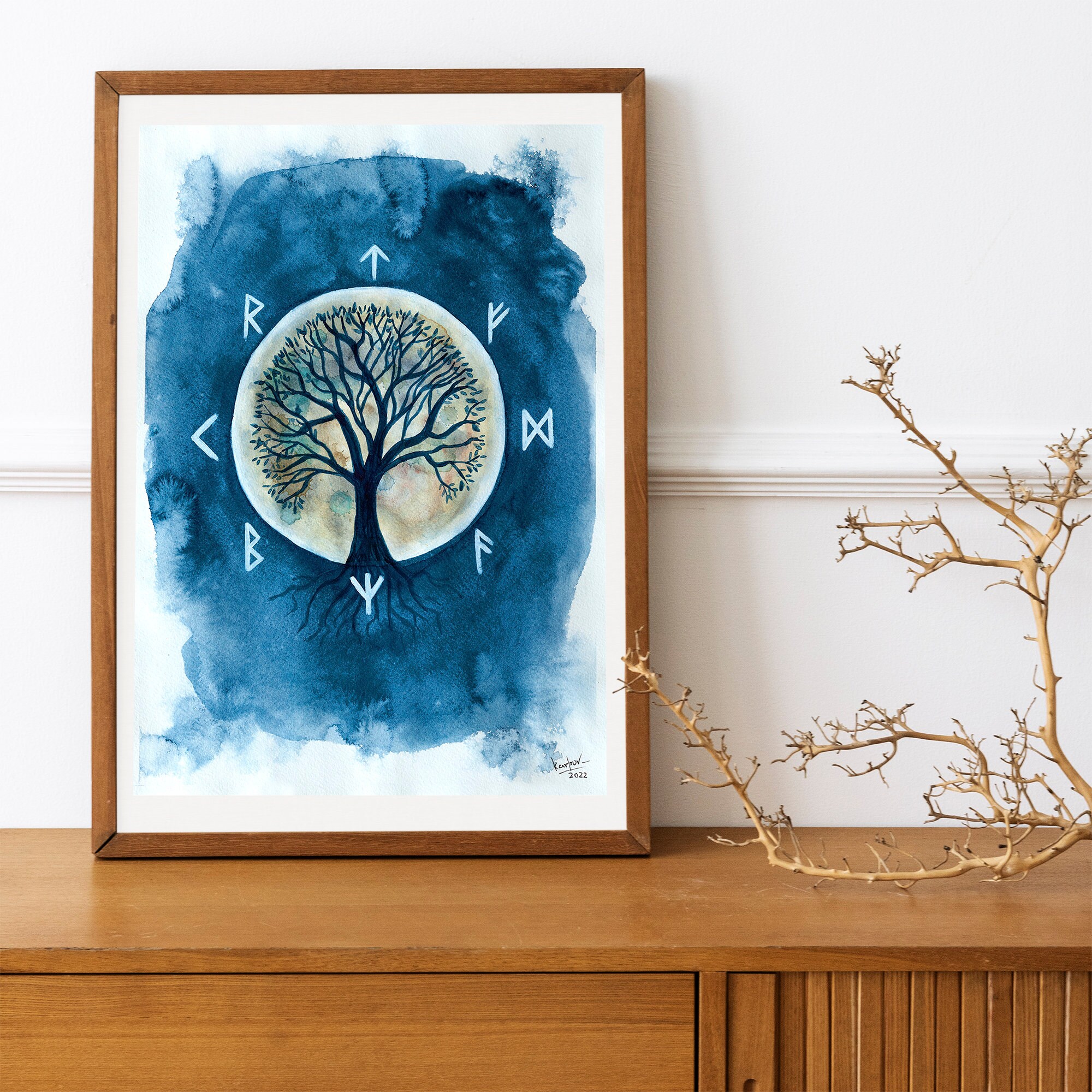 Rune Circle Full Moon Tree of Life Art Print Watercolor - Etsy