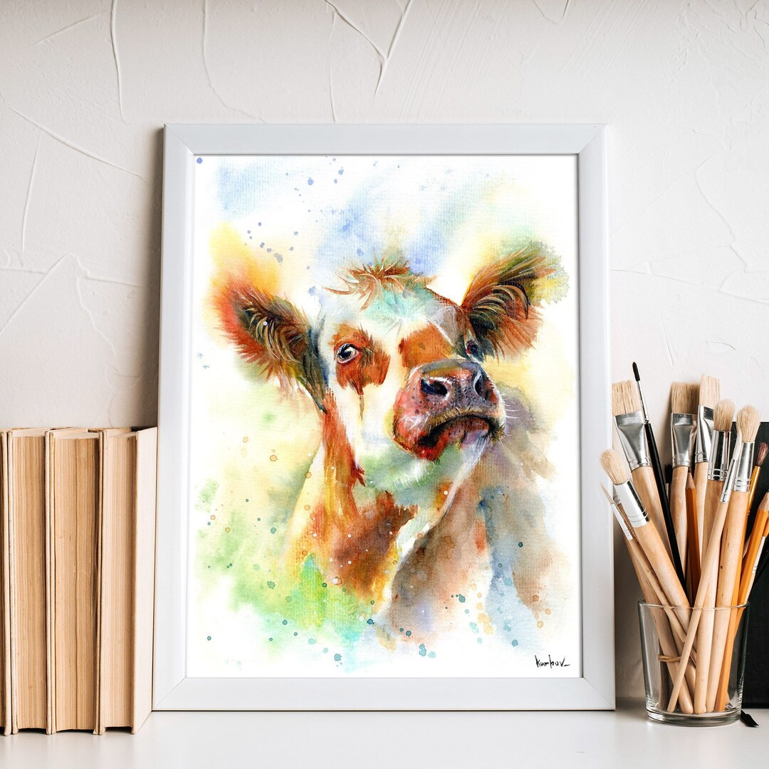 Colorful Calf - Printable Watercolor Painting, Hand Painted Cow ...