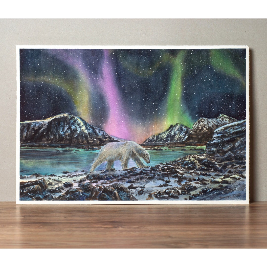 Polar Bear Northern Lights - Original Watercolor Painting, Handmade ...