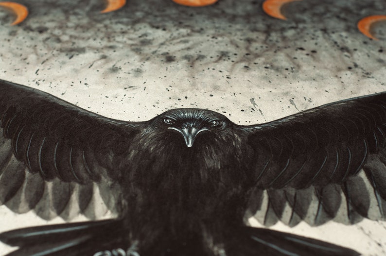 Raven & Moon Phases - Original Watercolor Painting, Handmade Gothic ...