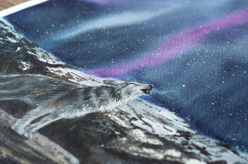 Lone Wolf Howling, Northern Lights - Original Watercolor Painting ...