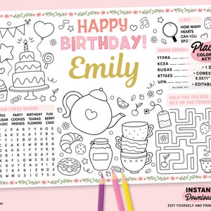 Editable Tea Party Placemat | Printable Par-tea Birthday Coloring Page ...