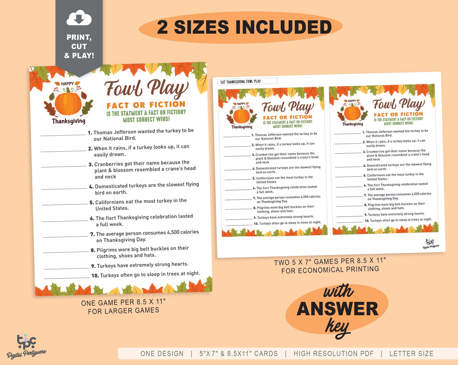 Thanksgiving Fowl Play Fact or Fiction Thanksgiving | Etsy
