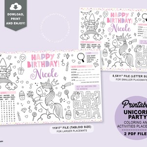 Editable Unicorn Party Coloring Placemat | Printable Games Page | Pink ...