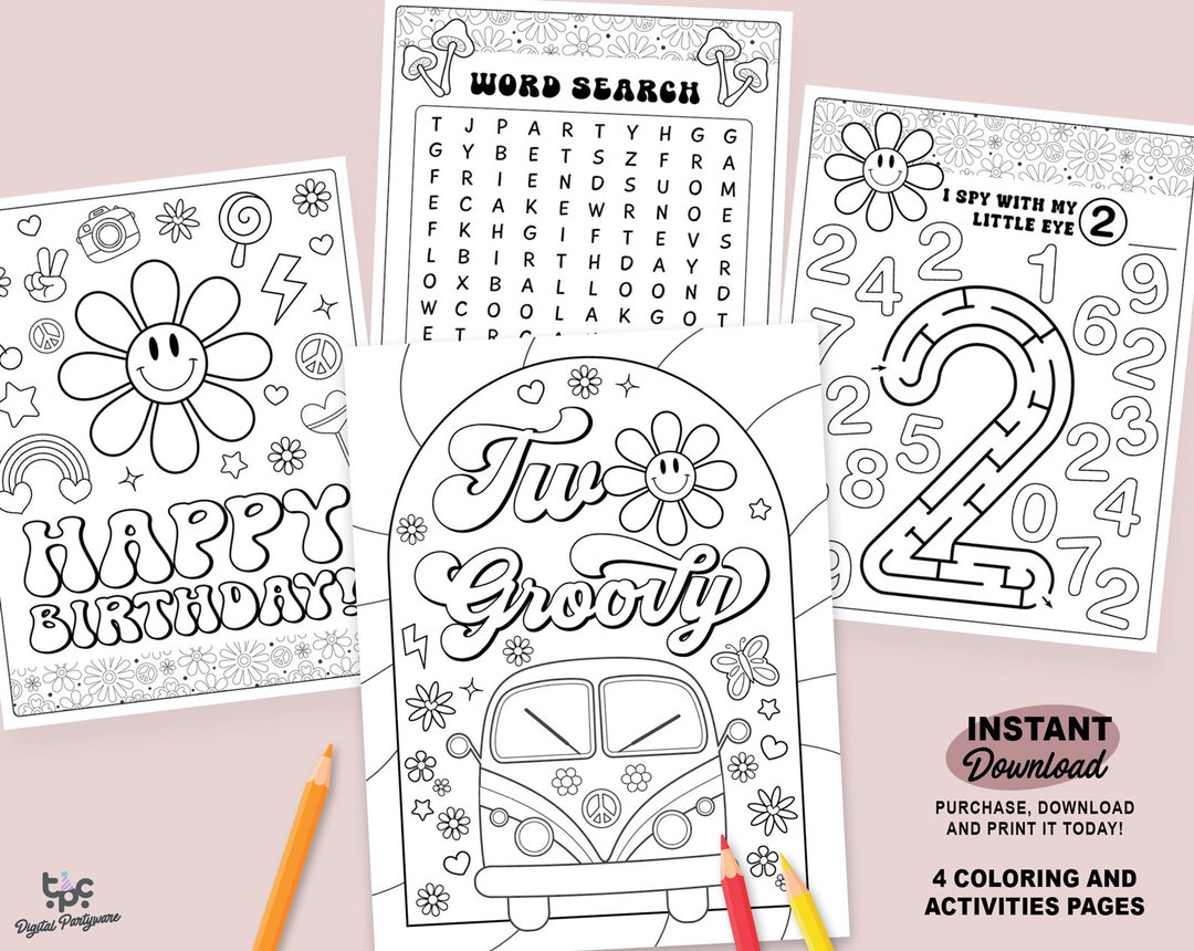 Printable TWO Groovy Party Coloring Pages | Van Daisy Rainbow 2nd ...