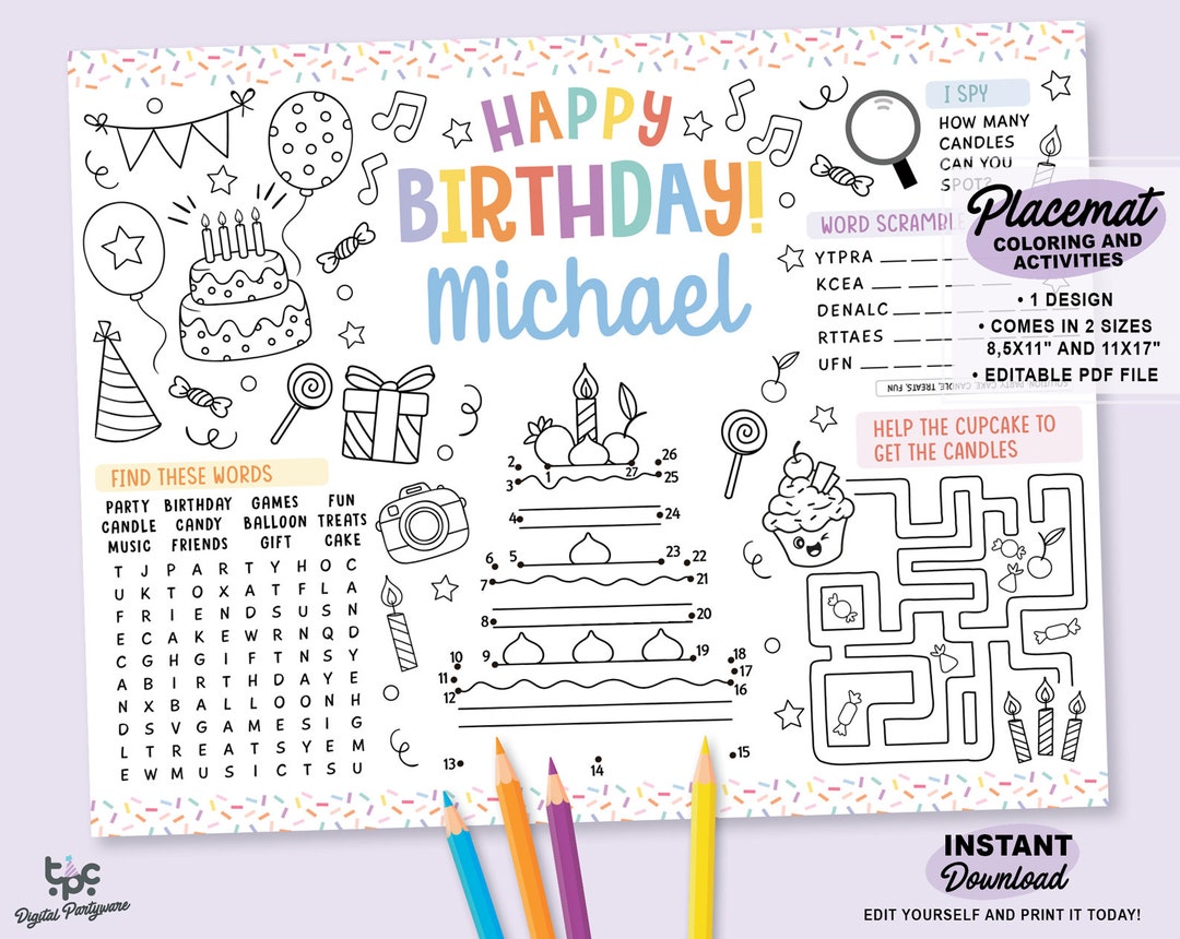 Editable Birthday Coloring Placemat | Printable Birthday Party Coloring ...
