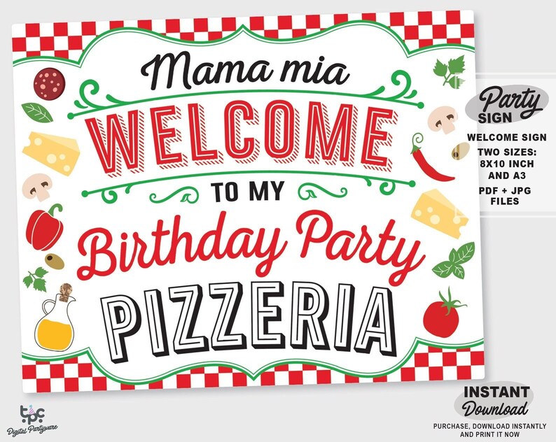 Pizza Party Sign Printable Pizzeria Birthday Party Sign | Etsy