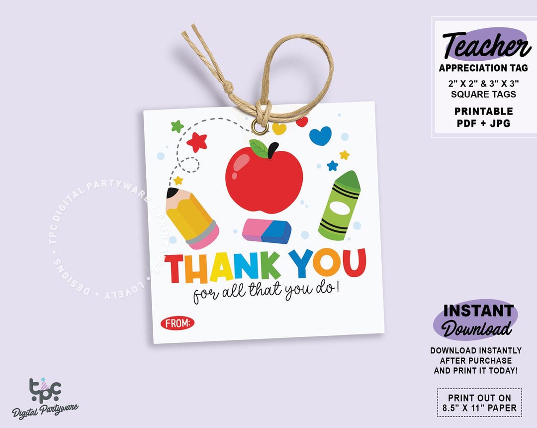 Teacher Appreciation Week Gift Tags Printable 2 and 3 Square Thank You ...