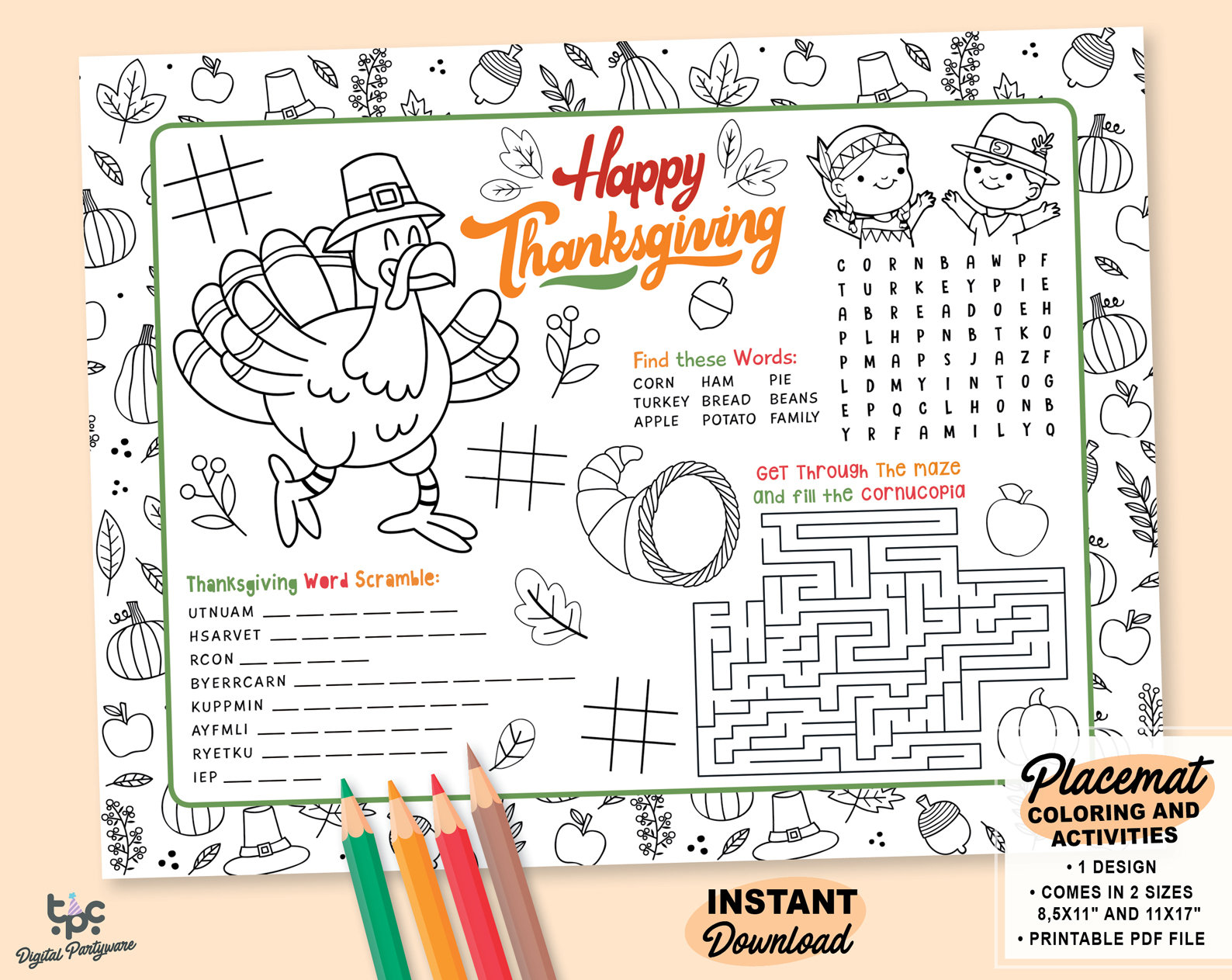 Thanksgiving Activity Placemat Printable Kids Thanksgiving | Etsy