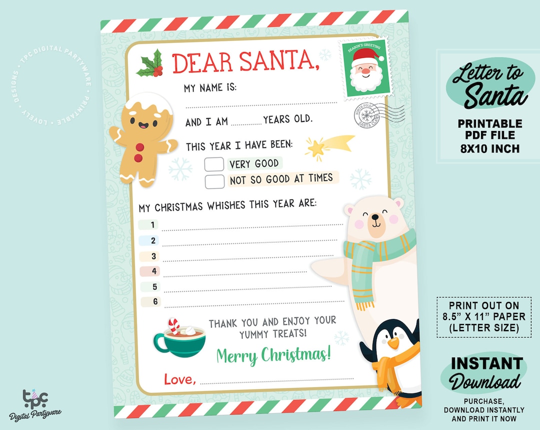 Printable Letter to Santa Christmas Wish List Kids Letter to Santa Dear ...