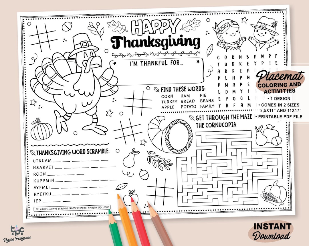 Thanksgiving Coloring Placemat | Printable Autumn Party Coloring Page ...