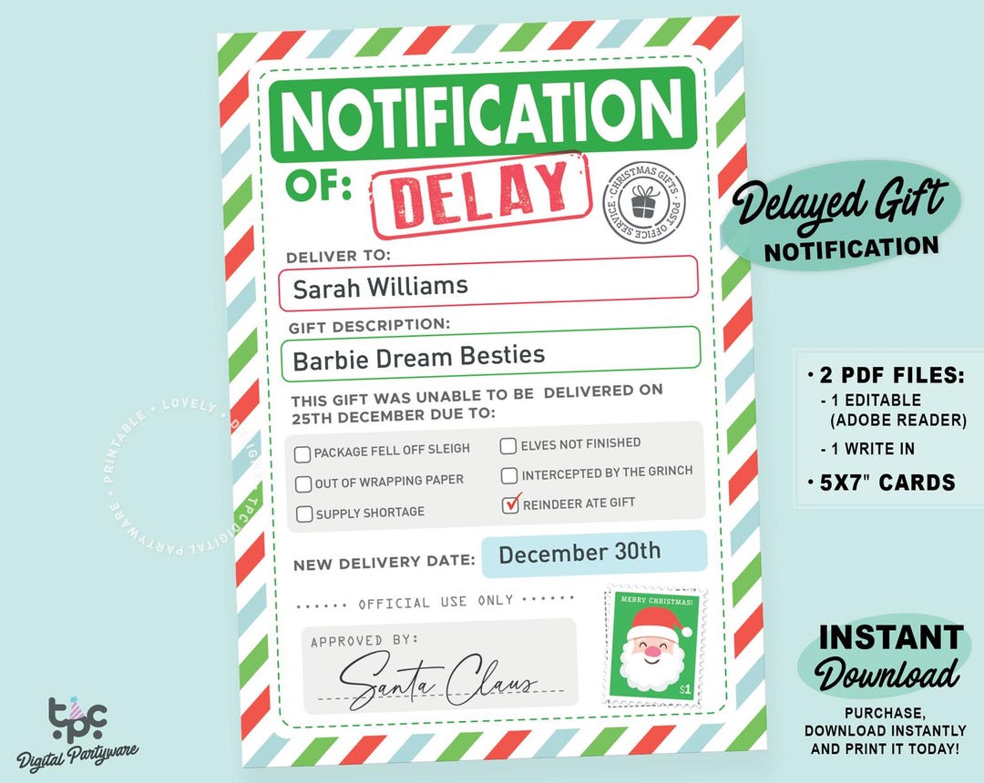 Late Gift Letter From Santa, Editable Notification of Delay Christmas ...