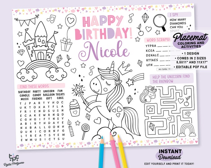 Birthday Party Activity Sheet, Custom Printable Activity Sheet ...