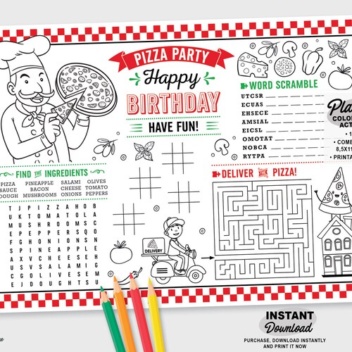 Kids Pizza Party Placemat Activity & Coloring Sheet - Etsy