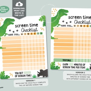 Printable Dinosaur Screen Time Checklist | Fun Screen Time Tracker ...