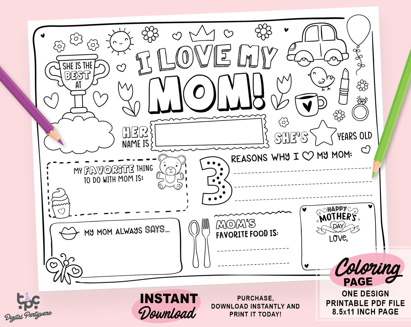 Mothers Day Printable Coloring Page Printable All About Mom - Etsy