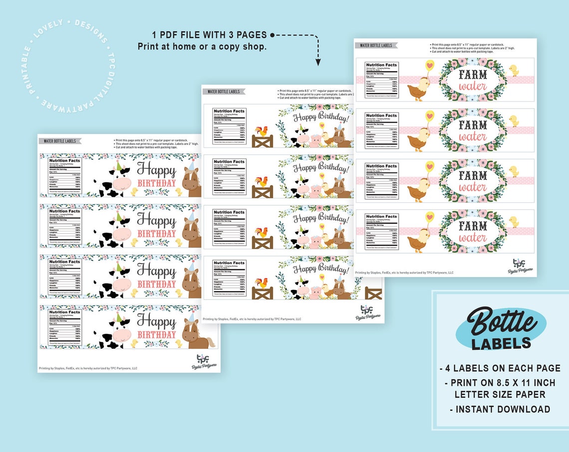 Farm Water Bottle Labels Printable Farm Bottlel label | Etsy