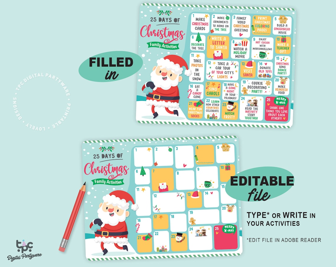 Editable 25 Days of Christmas Countdown Calendar of Fun Family - Etsy