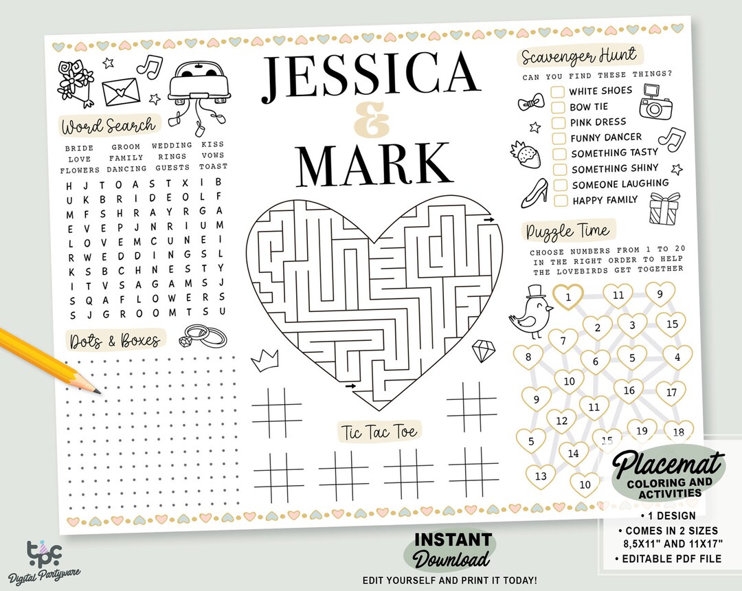 Editable Kids Wedding Coloring Placemat Printable Reception Fun Page ...