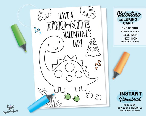 Valentines Day Coloring Card Dinosaur Printable - Etsy