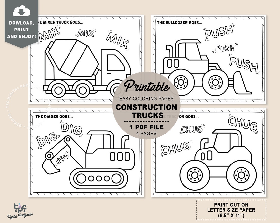 Construction Trucks Coloring Pages Printable Kids Party - Etsy