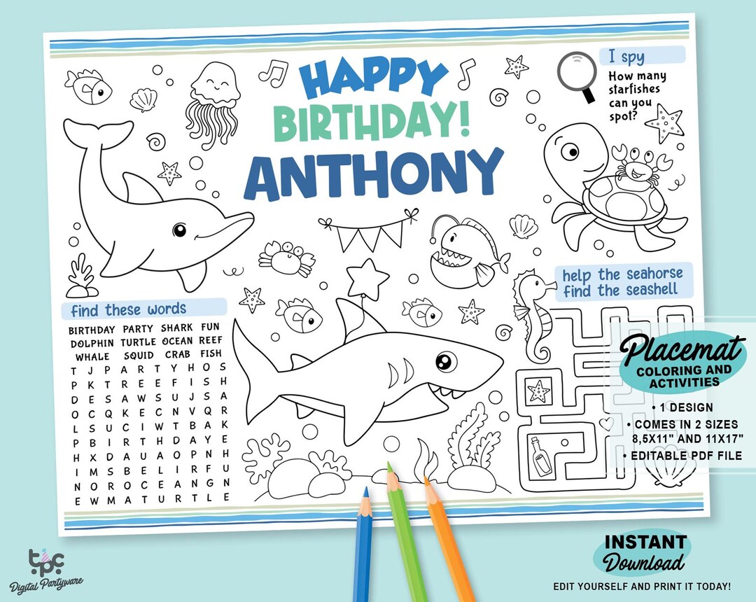 Editable Under the Sea Birthday Coloring Placemat | Printable Shark ...