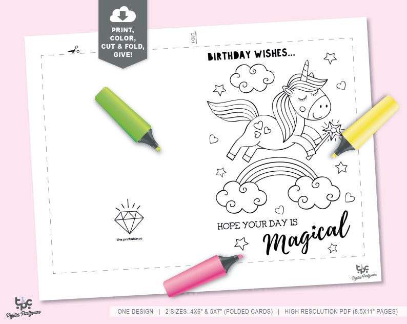 Unicorn Birthday Coloring Card Printable Unicorn Card - Etsy