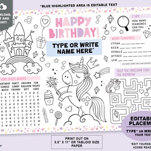 Editable Unicorn Party Coloring Placemat | Printable Games Page | Pink ...