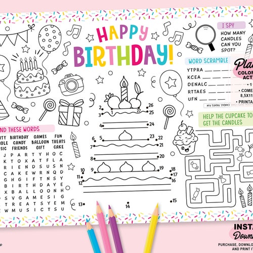 Birthday Coloring Placemat Printable Birthday Party Coloring - Etsy