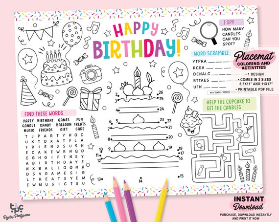 Birthday Coloring Placemat Printable Birthday Party Coloring - Etsy
