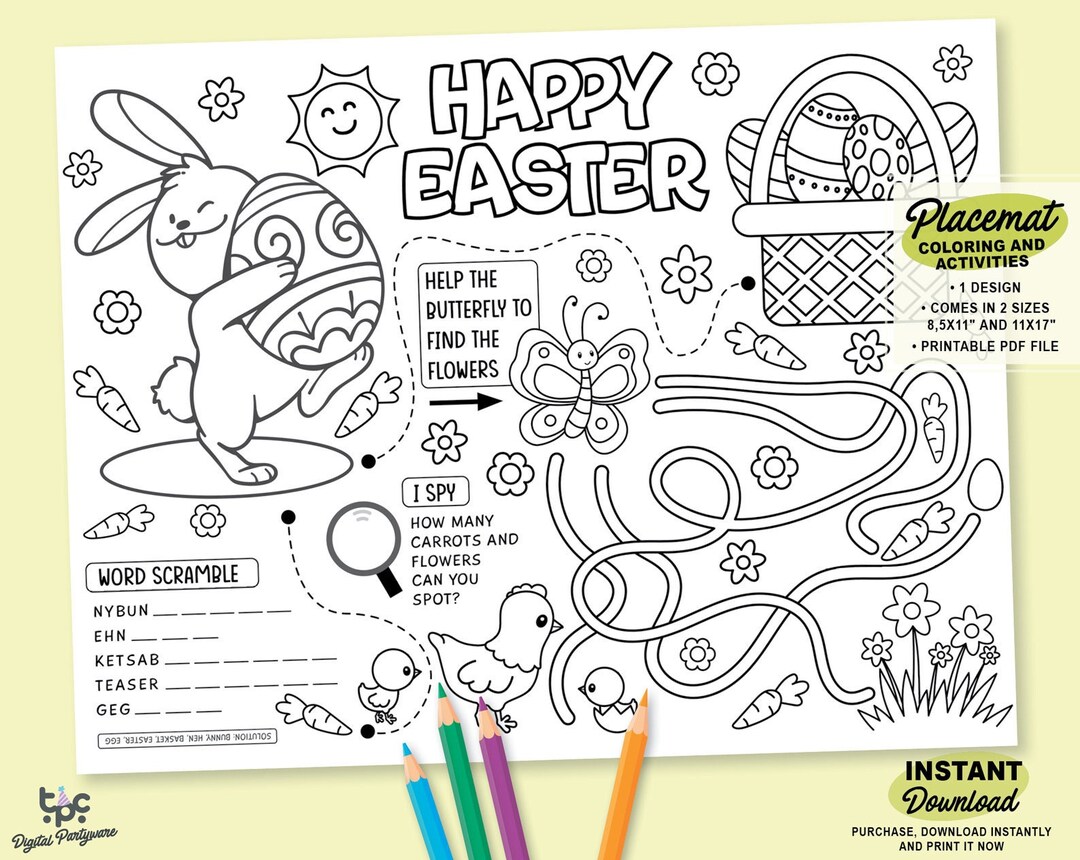 Happy Easter Placemat Printable Spring Bunny Coloring Page Easter Party ...