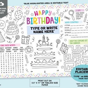Editable Birthday Coloring Placemat | Printable Birthday Party Coloring ...