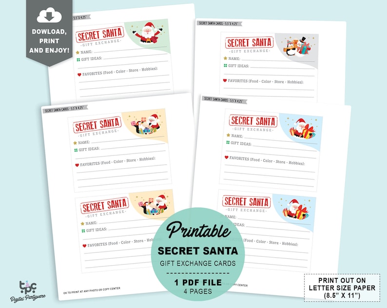 SECRET SANTA FORM Gift Exchange Cards Printable Christmas - Etsy