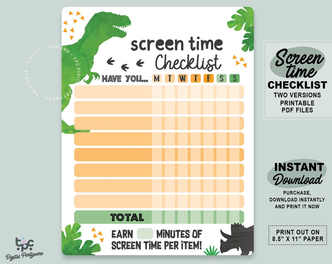Printable Dinosaur Screen Time Checklist | Fun Screen Time Tracker ...