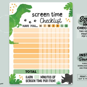 Printable Dinosaur Screen Time Checklist | Fun Screen Time Tracker ...