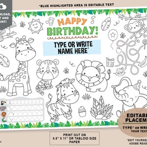 Editable Safari Party Placemat Printable Toddler Birthday Coloring Page ...