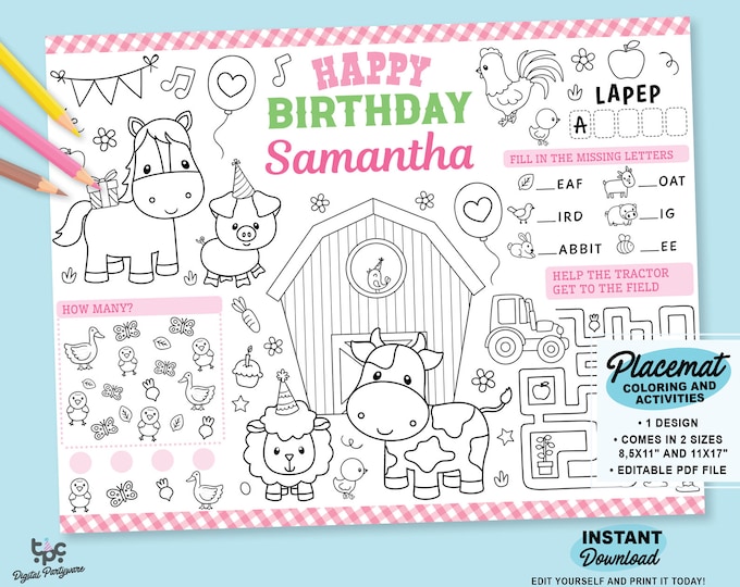 Personalized Kids Placemats Farm Animals Cow, Pig, Goat, Duck, Chicken ...
