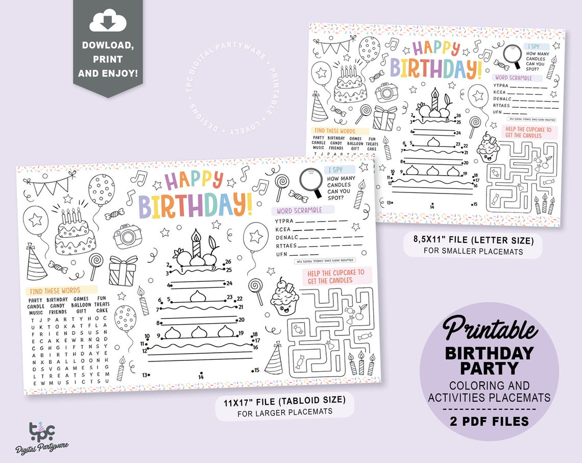 Birthday Coloring Placemat Printable Birthday Party Coloring - Etsy