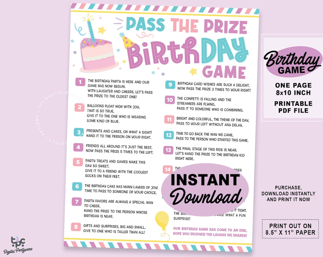 Birthday Pass the Prize Game | Printable Pass the Gift Game | Super Fun ...