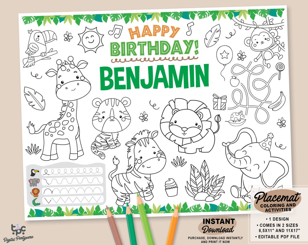 Editable Safari Party Placemat Printable Toddler Birthday Coloring Page ...