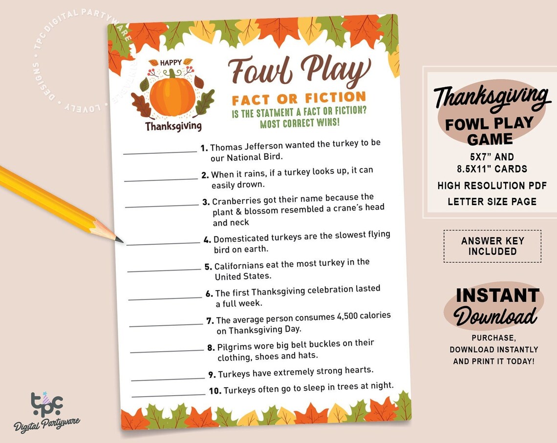 Thanksgiving Fowl Play Fact or Fiction Thanksgiving - Etsy