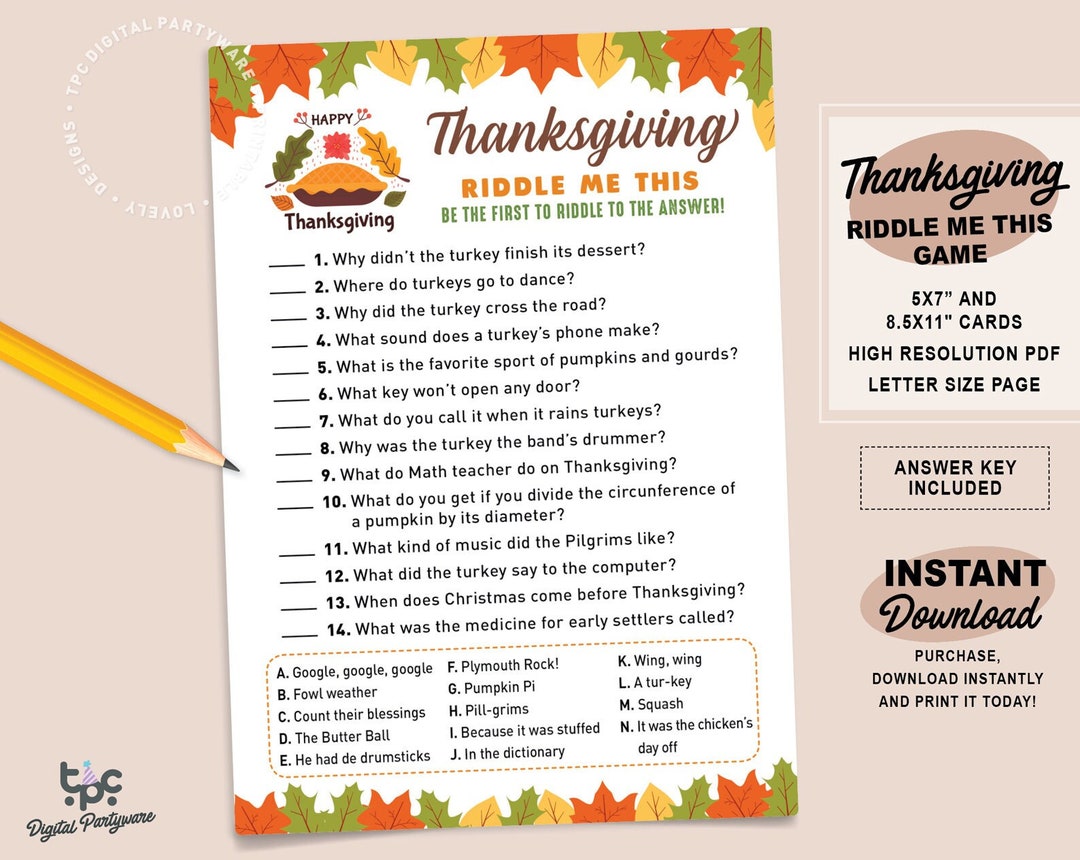 Thanksgiving Riddle Me This Trivia Game | Thanksgiving Printable Games ...