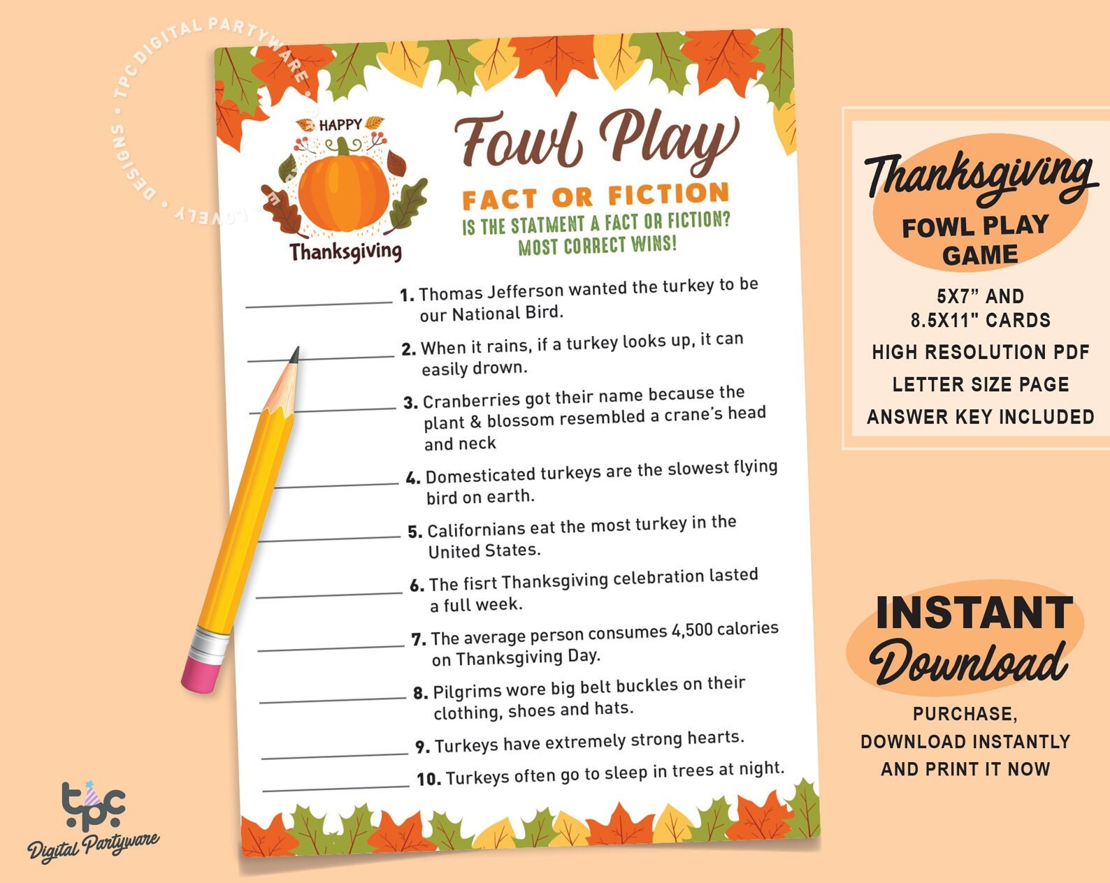 Thanksgiving Fowl Play Fact or Fiction Thanksgiving | Etsy