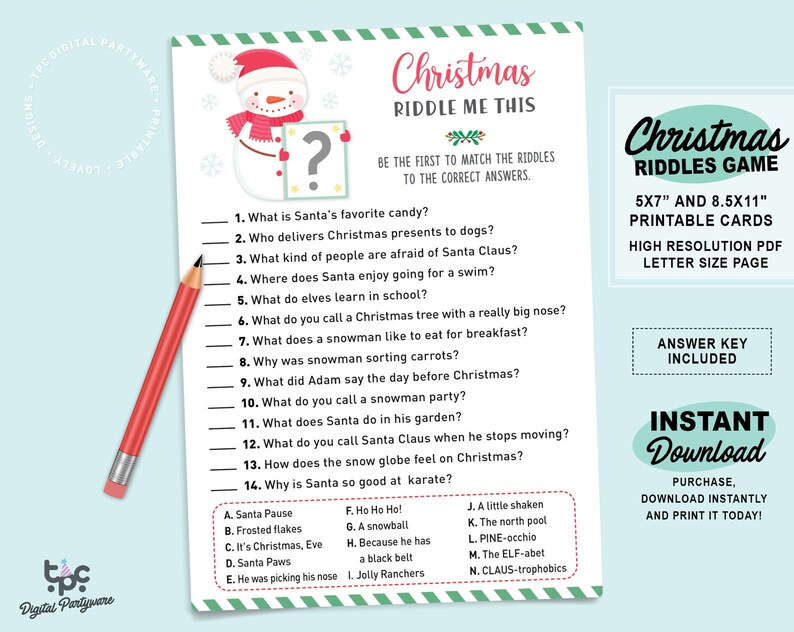 Christmas Riddles Game Printable Christmas Trivia Game - Etsy