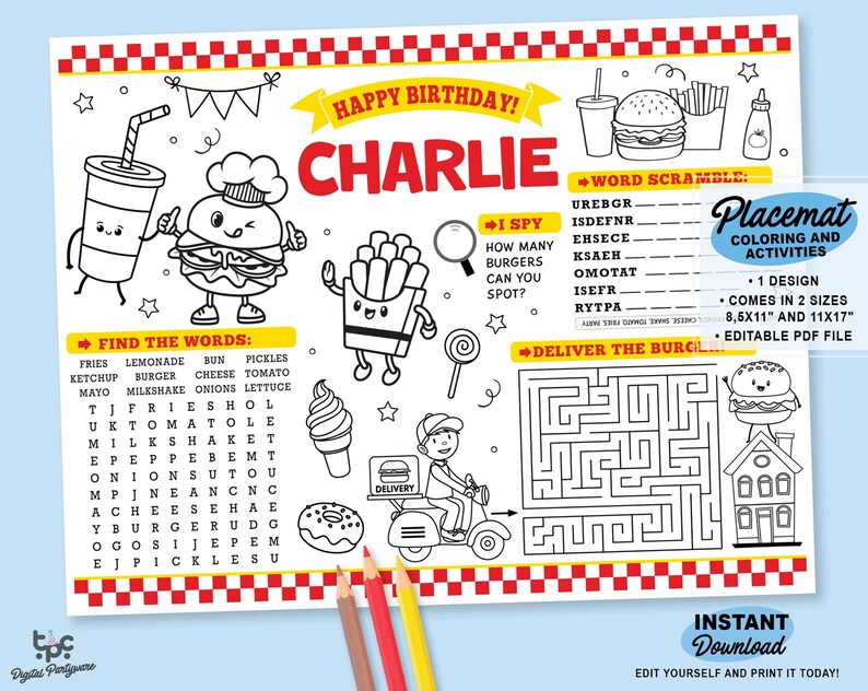 Editable Burger Party Placemat Printable BBQ Party Coloring - Etsy
