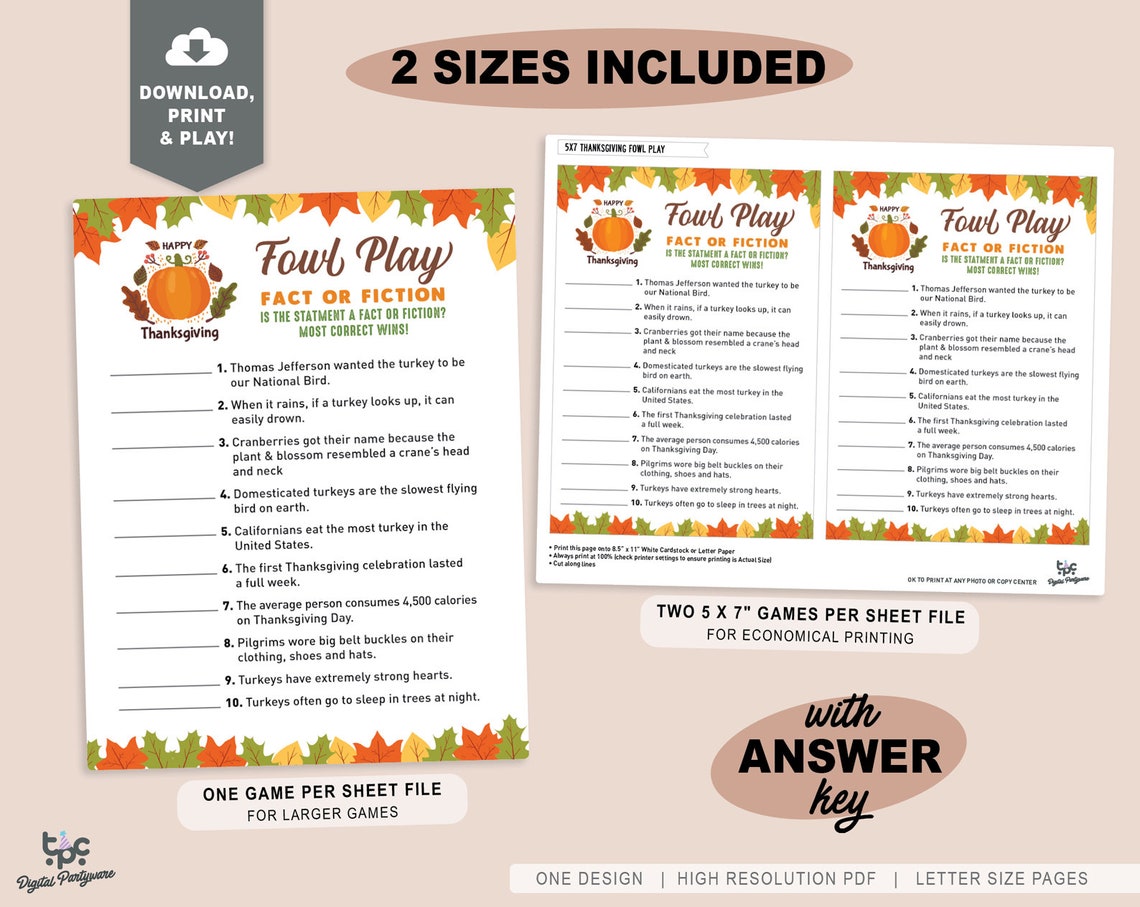 Thanksgiving Fowl Play Fact or Fiction Thanksgiving - Etsy