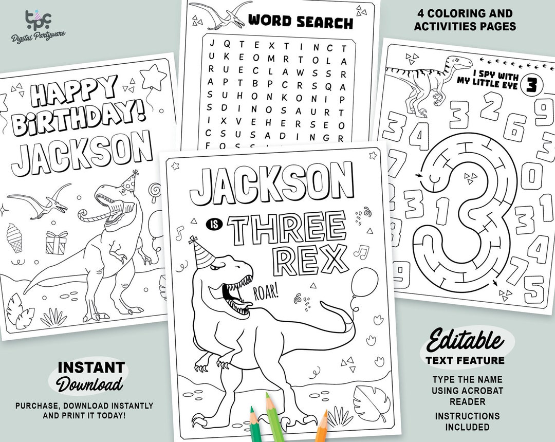 Editable Three Rex Birthday Activity Sheet | Trex Dinosaur Party Theme ...