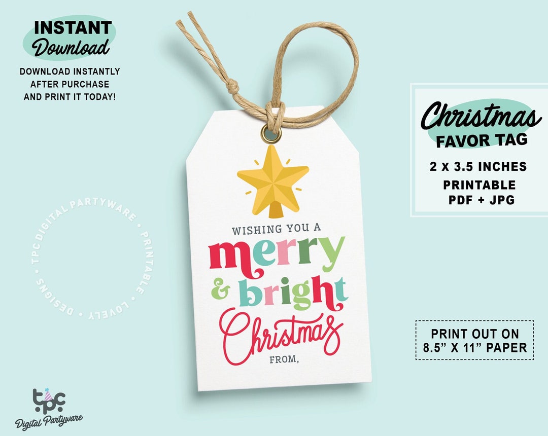 Printable Merry and Bright Christmas Gift Tag Xmas Favor Tag - Etsy