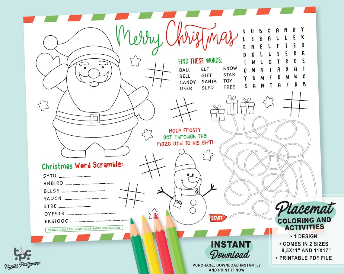 Christmas Activity Placemat Printable Christmas Placemat for | Etsy