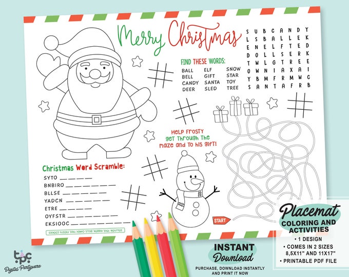 Personalized Kids Placemats Holiday Christmas Theme Preschool Level ...